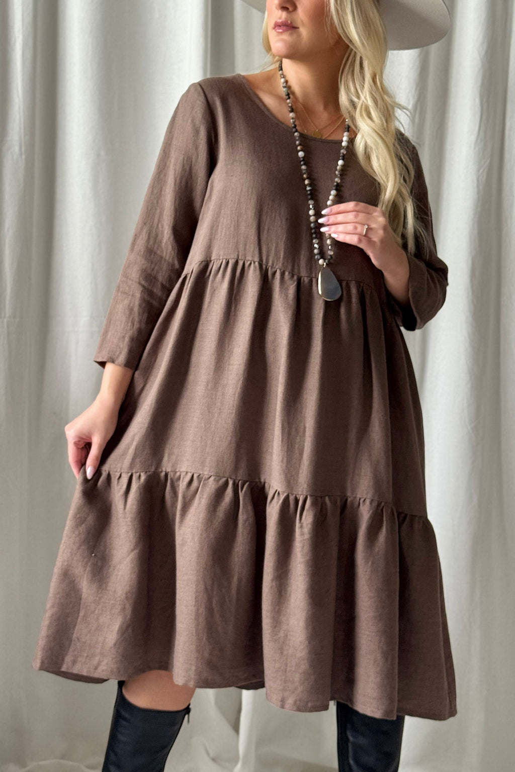 Sarah linen dress, coffee – BYPIAS
