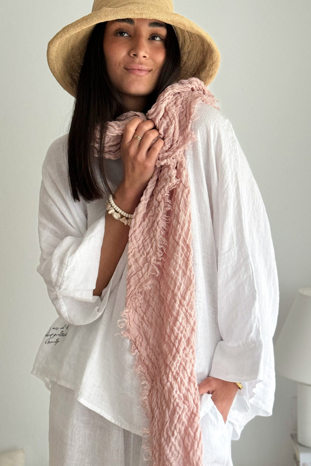Boho mesh linen scarf, light pink – BYPIAS