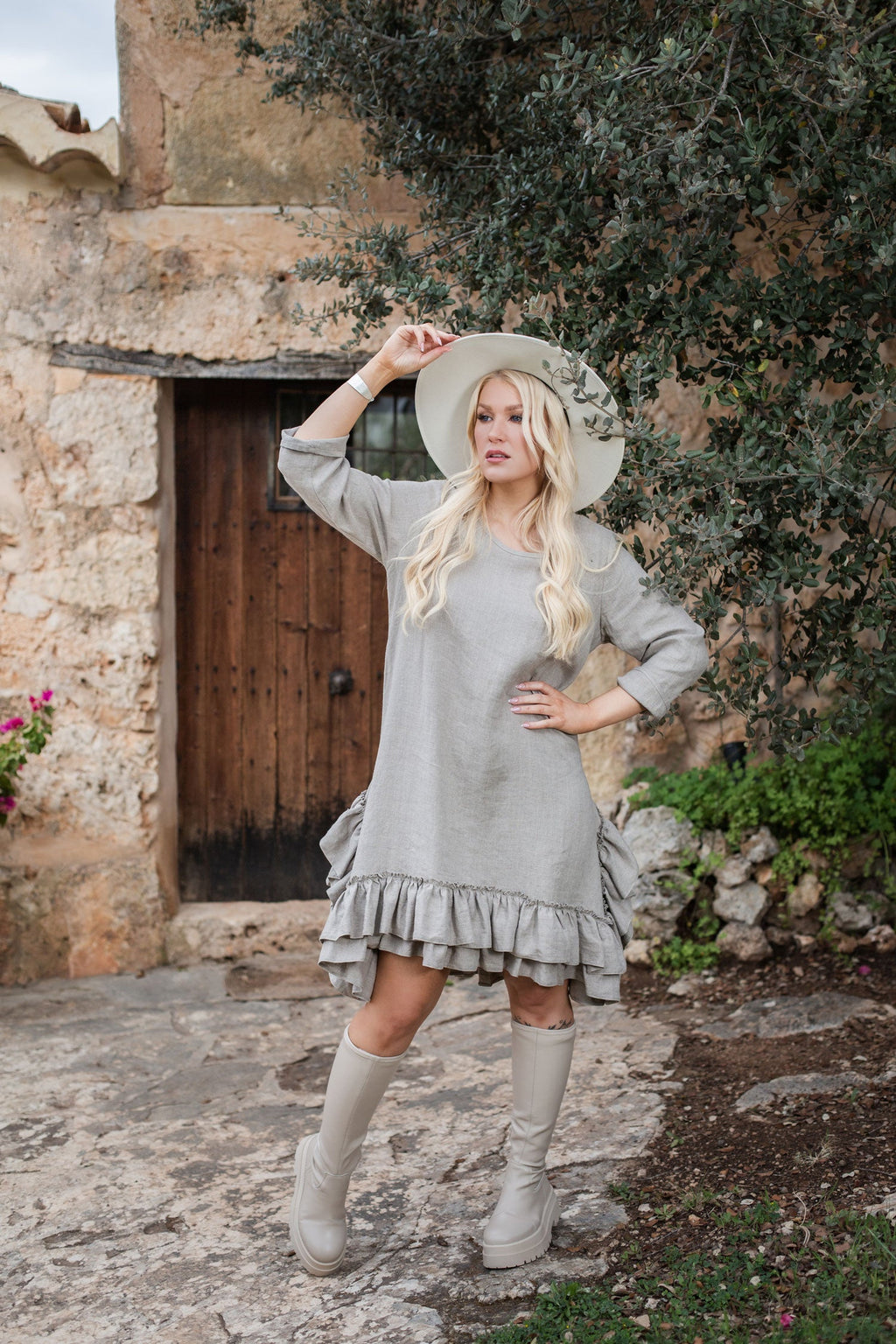 Ruffle and pearl linen dress, natural – BYPIAS